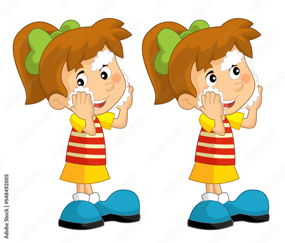 Cartoon set of young girls wipe the faces with a towel - illustration ...