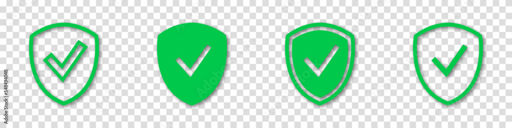 Shield check mark icon set. Protection approve sign. Safe icon. Tick ...