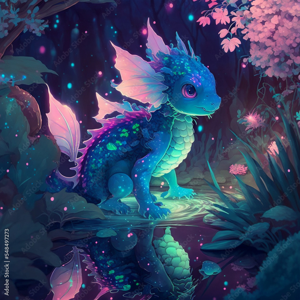 Cute dragon in magic forest Stock Illustration | Adobe Stock
