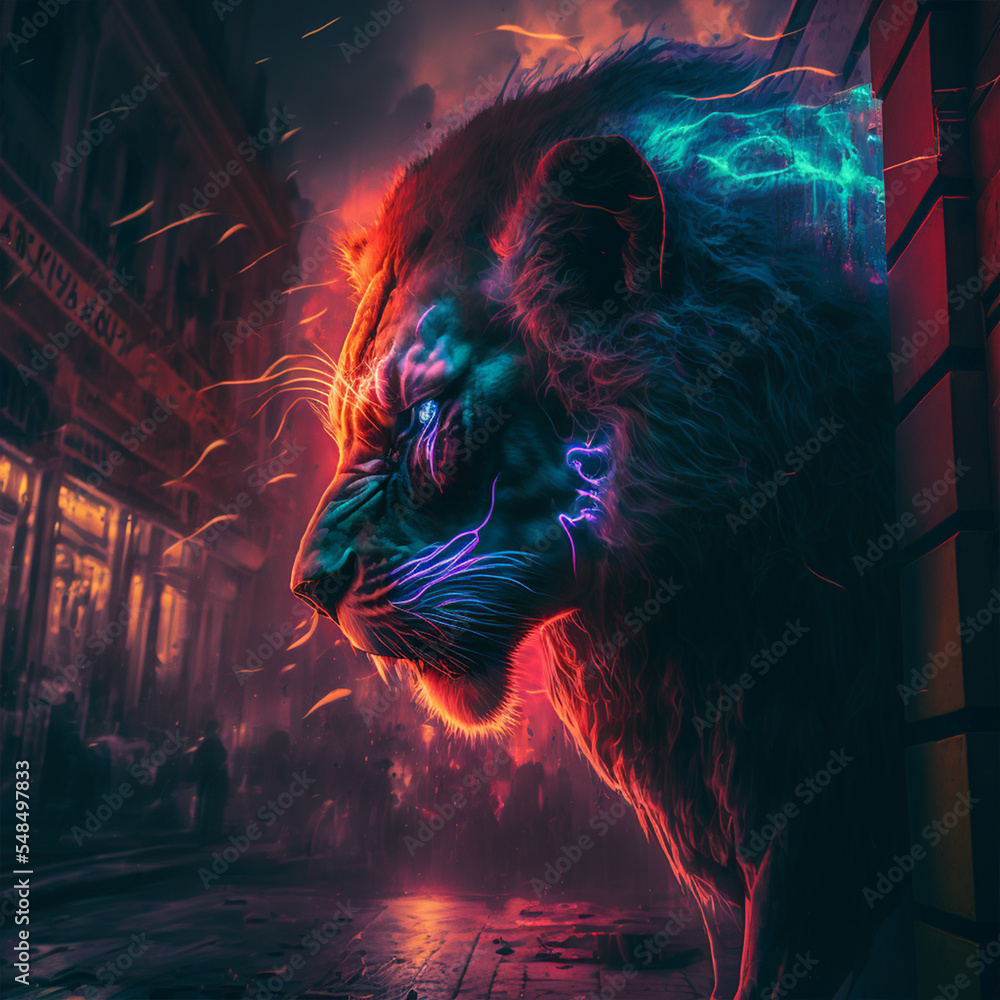 Fantasy glowing cyberpunk lion illustration Stock Illustration | Adobe ...