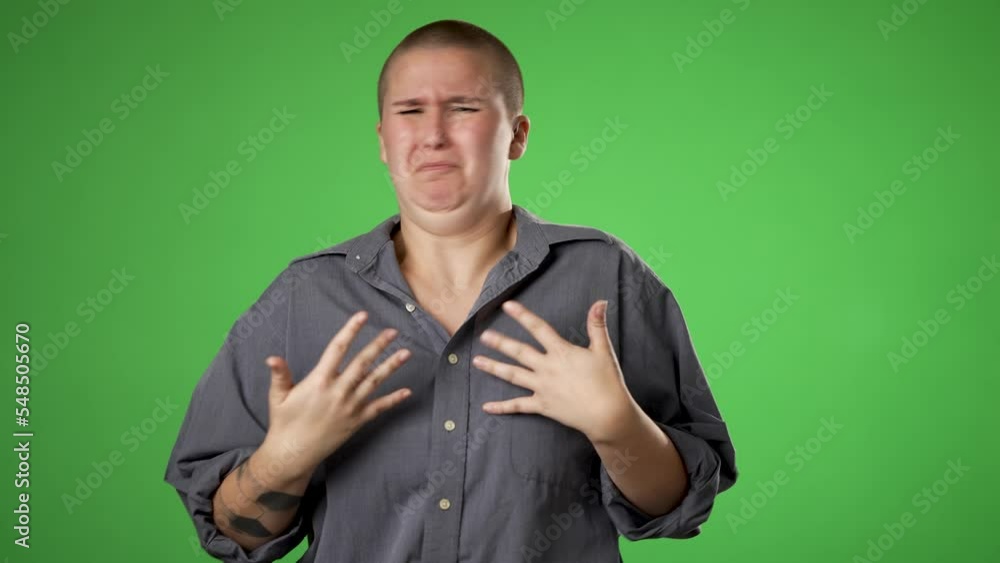 Pretty gender fluid non binary woman 20s pointing fingers herself ask ...