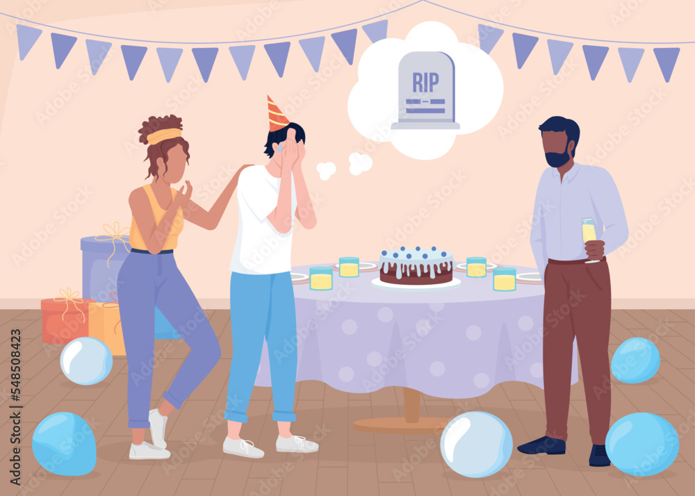 Vecteur Stock Fear of death at birthday party flat color vector ...