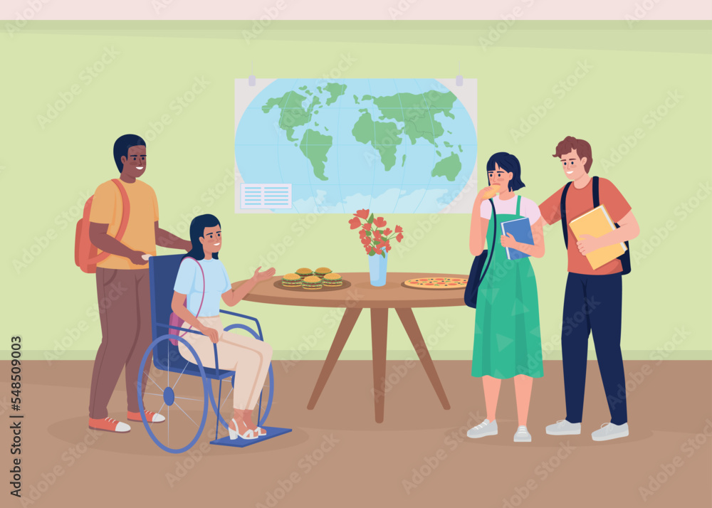 Disabled woman with groupmates in canteen flat color vector ...