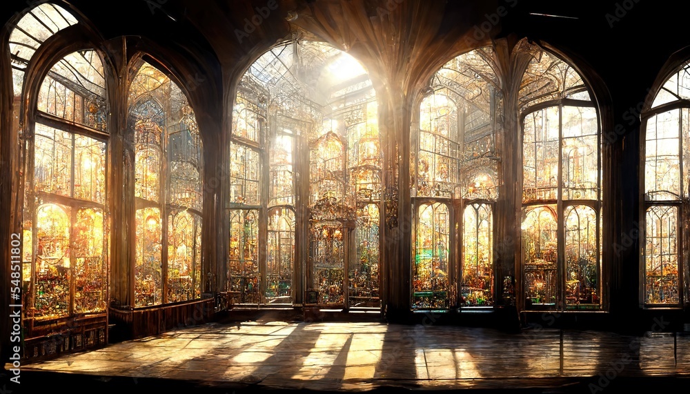 Old Palace interior with high stained glass windows made of multi ...
