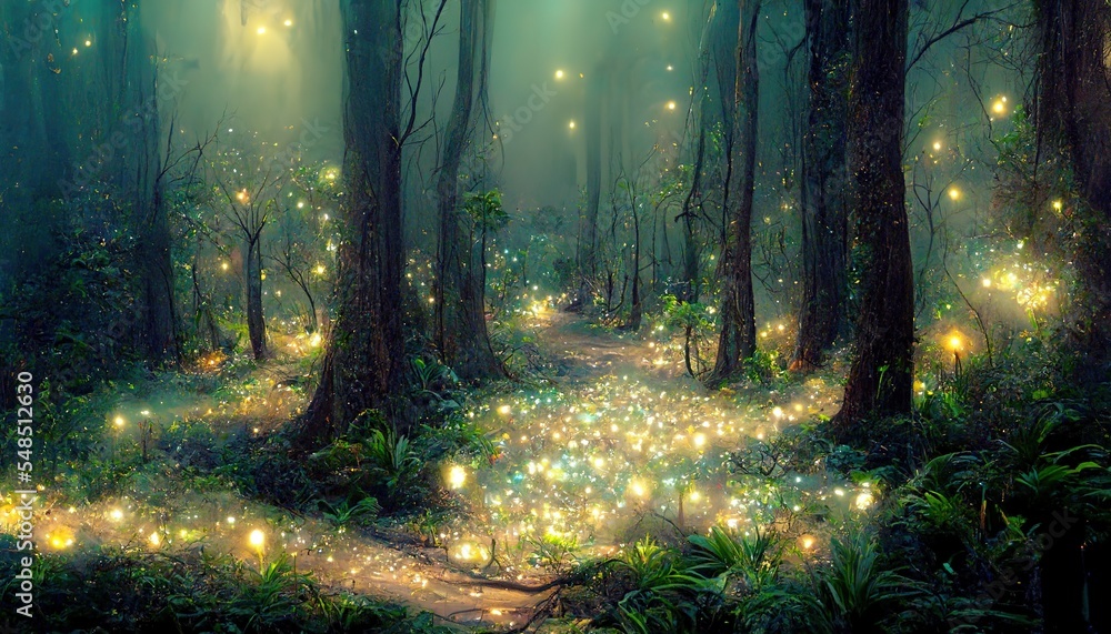 Tropical and exotic night forest,Fairytale forest with mystical magic ...