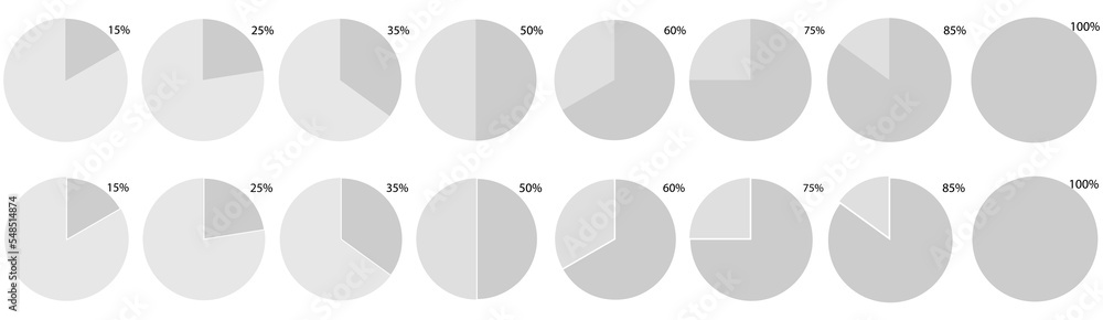 Pie chart percentage icons set. Segment infographic. Circle graph ...