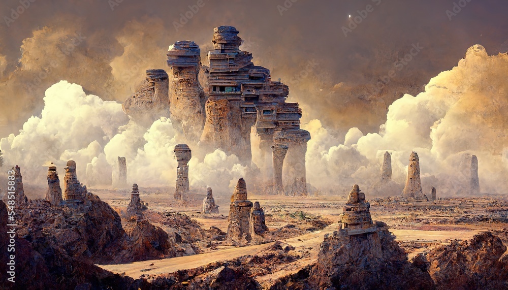 Futuristic fortress. Desert outpost against evening sky. Stone towers ...