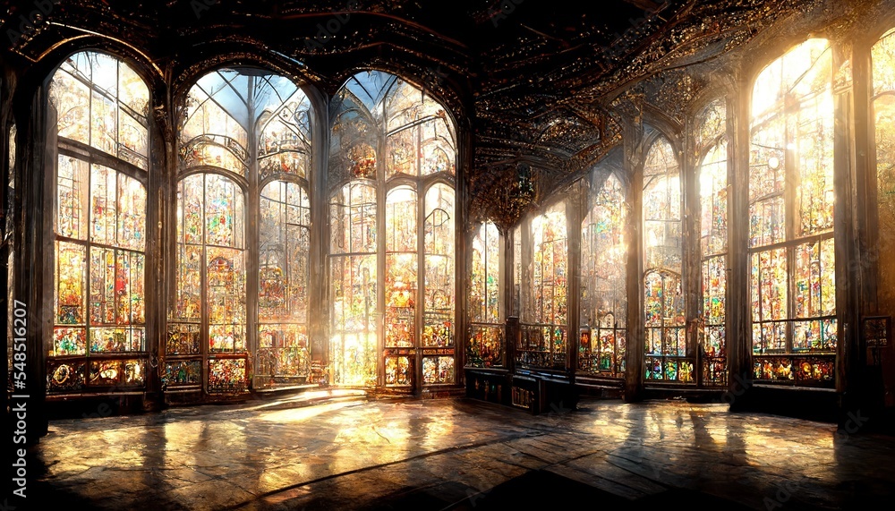 Old Palace interior with high stained glass windows made of multi ...