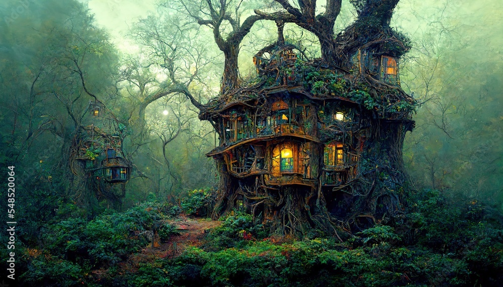 Magical fantasy scenery of tree house at night in a forest background ...