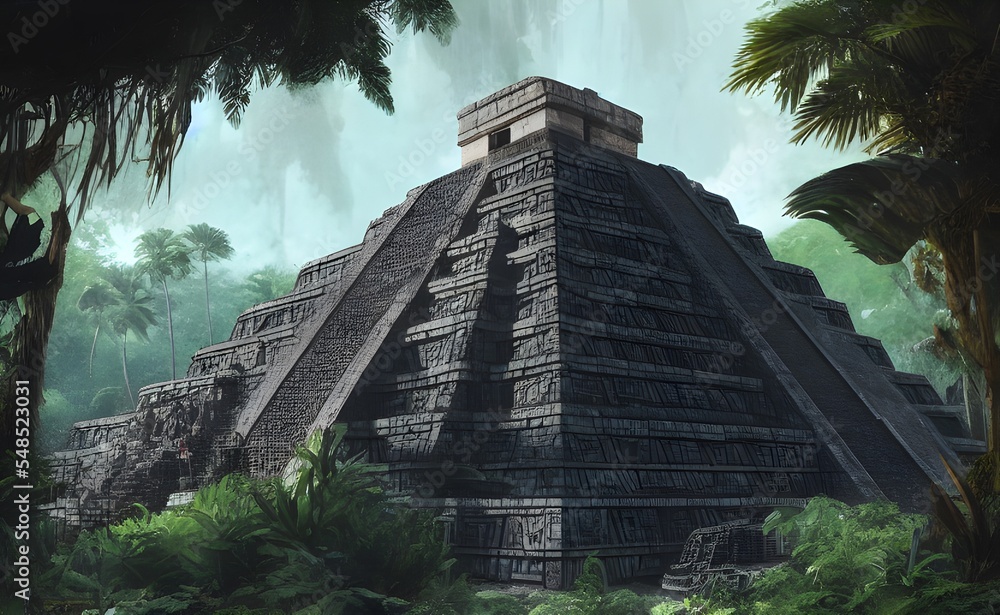 brutalist mayan temple in the jungle, mexica, tulum piramide de ...