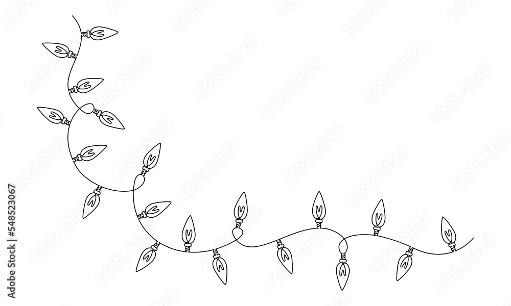 One continuous line drawing of Christmas garland with light bulbs ...