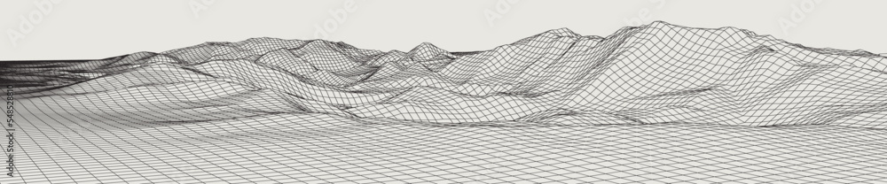 Abstract gentle hills in wireframe strokes. 3D grid technology ...