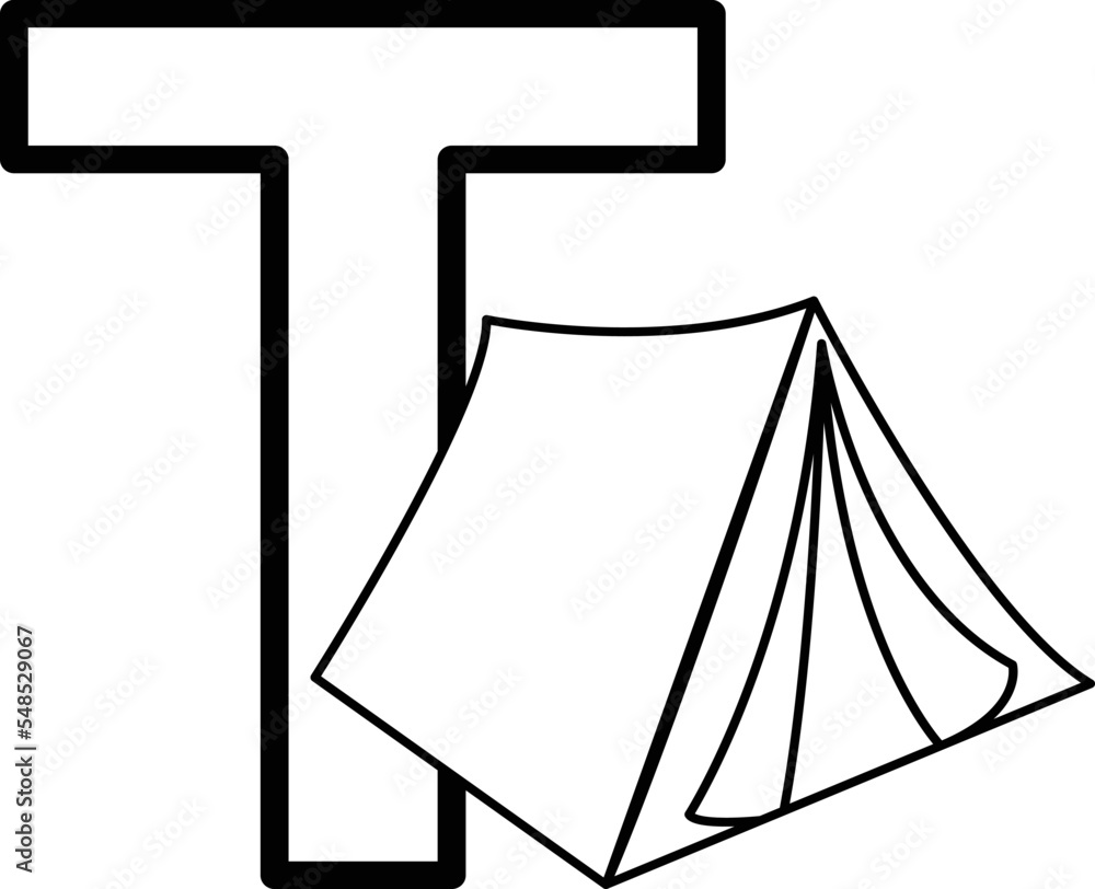 Editable cartoon alphabet poster with the letter T and tent outline ...