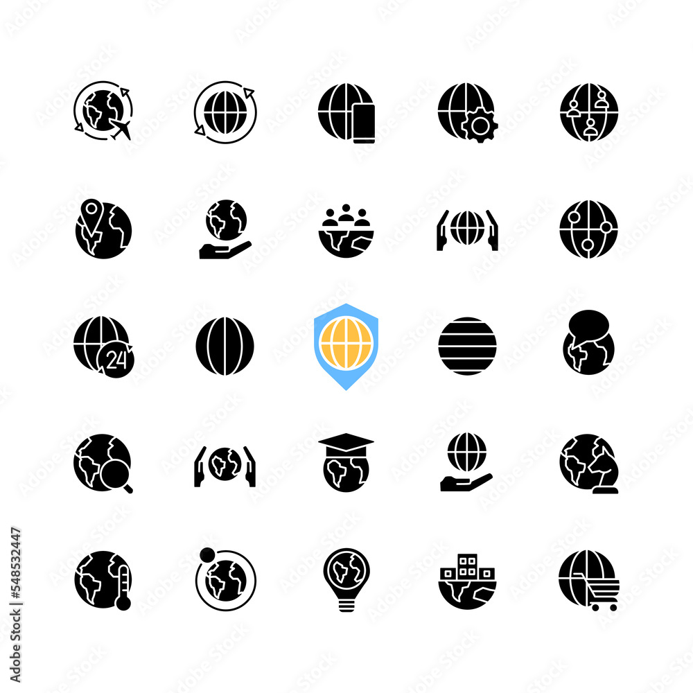 Globe black glyph icons set on white space. World map. Save Earth ...