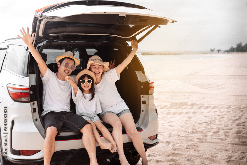 Family with Car travel driving road trip summer vacation in car in the ...