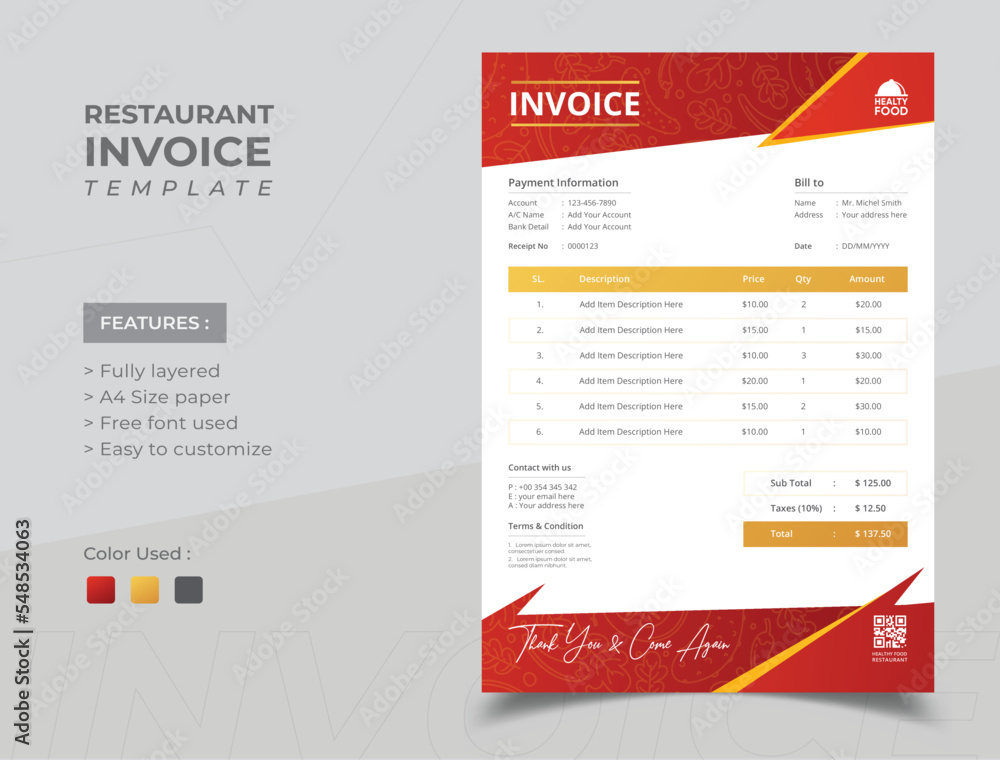 Food restaurant invoice design template with trendy gradient color ...