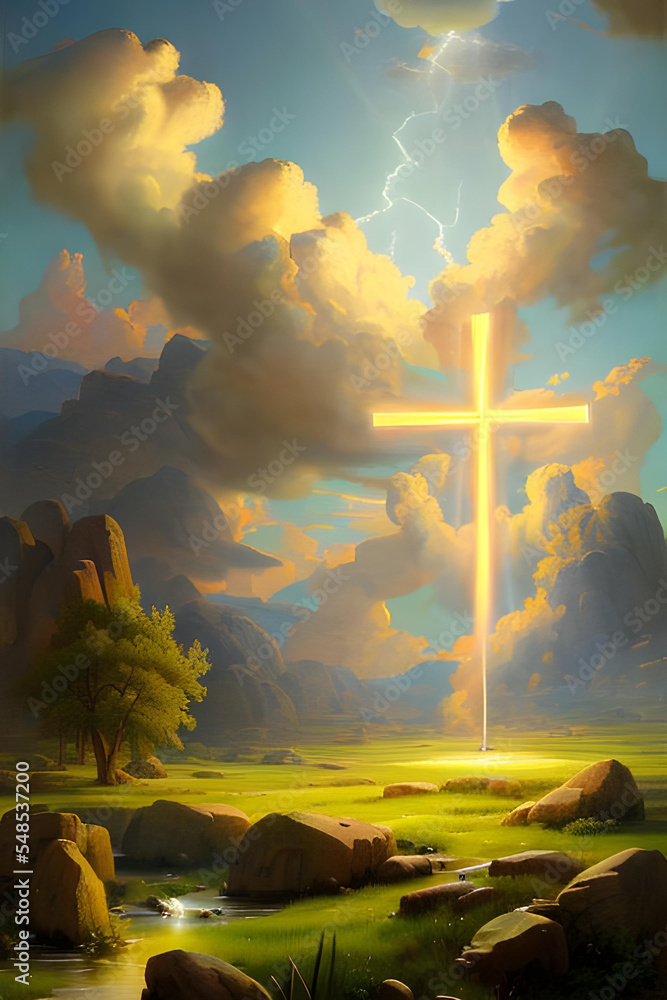 vintage beautiful painting of a holy christian cross with a portal to ...