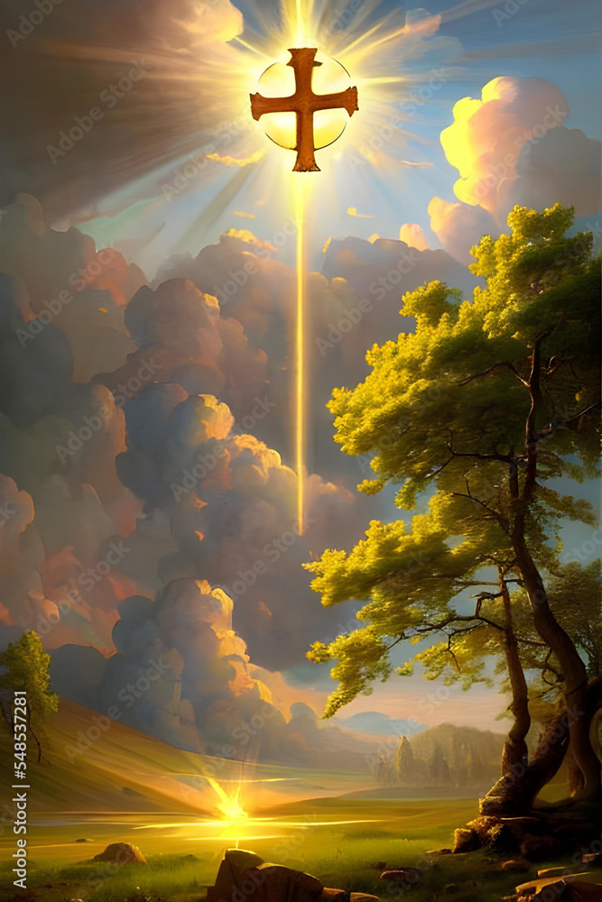 vintage beautiful painting of a holy christian cross with a portal to ...