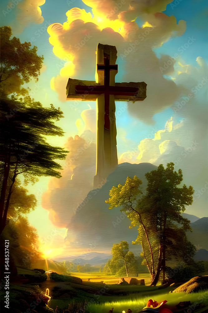 vintage beautiful landscape painting of a holy christian cross with a ...