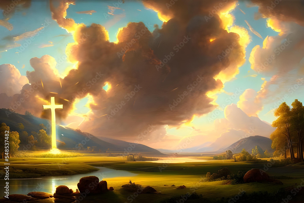 vintage beautiful landscape painting of a holy christian cross with a ...