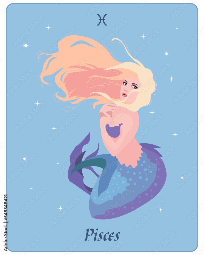 Astrological zodiac sign Pisces, beautiful magical woman mermaid on a ...