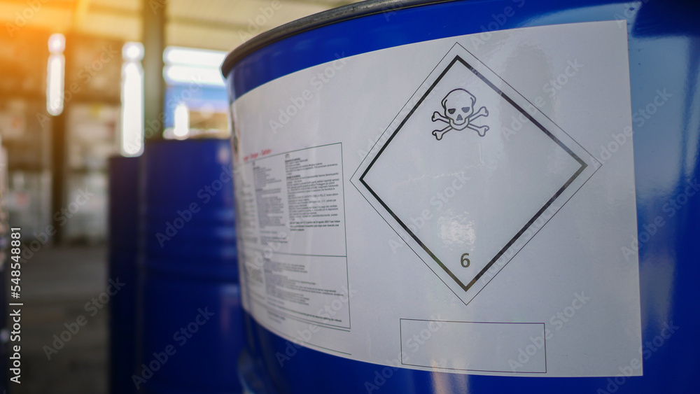 Flammable, acid, volatile, warning labels, mounted on hazardous ...