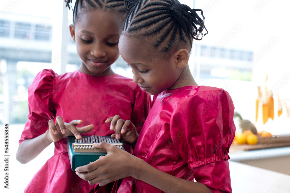 Twin African girls are interested and playing Kalimba or Thumb Piano ...