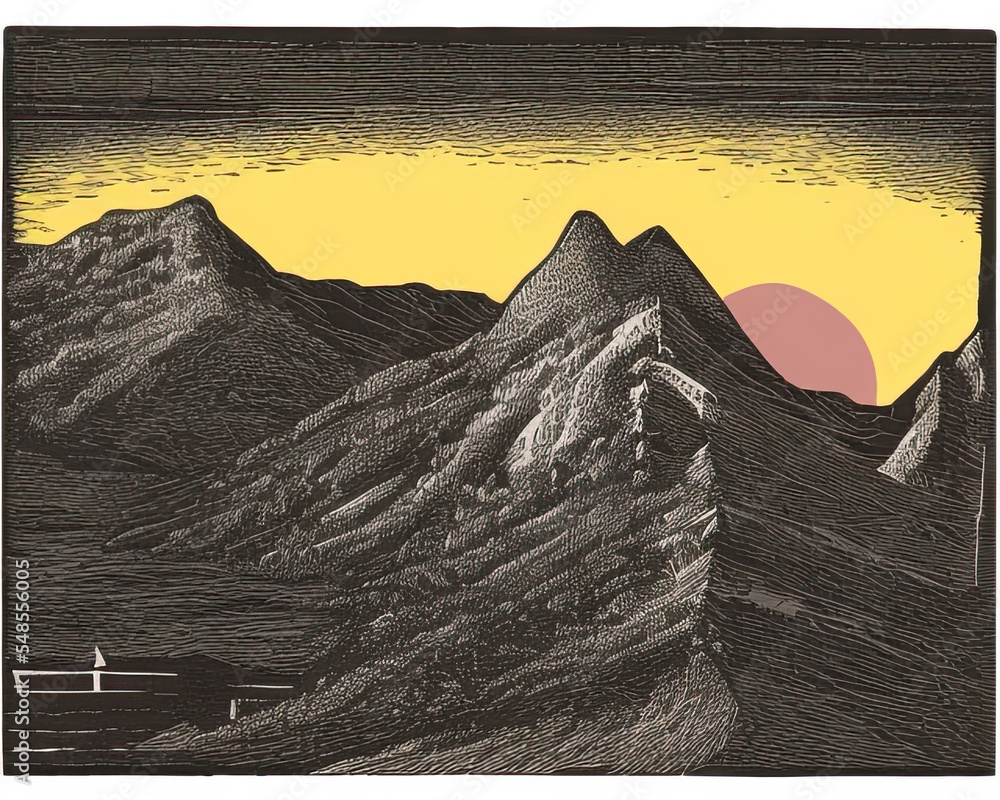 linocut illustration of a mountain Stock Illustration | Adobe Stock