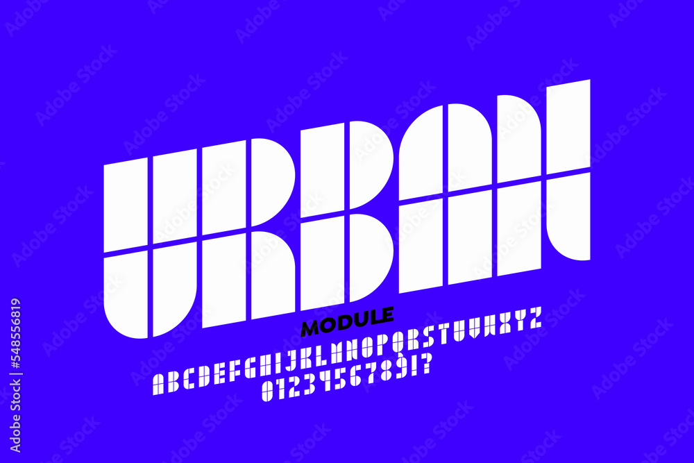 Modular style font, alphabet letters and numbers, vector illustration ...