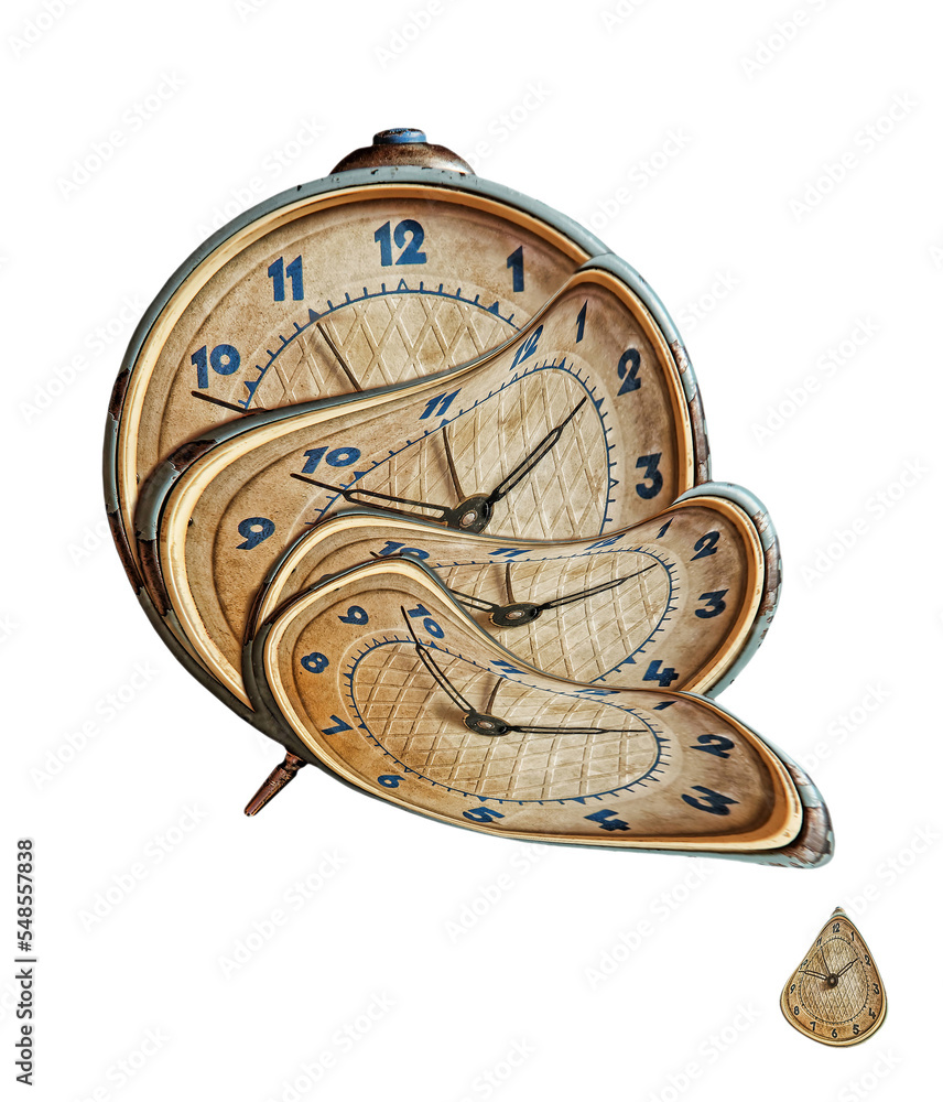 Liquid and flexible time concept. Surreal Alarm clock transforming and ...
