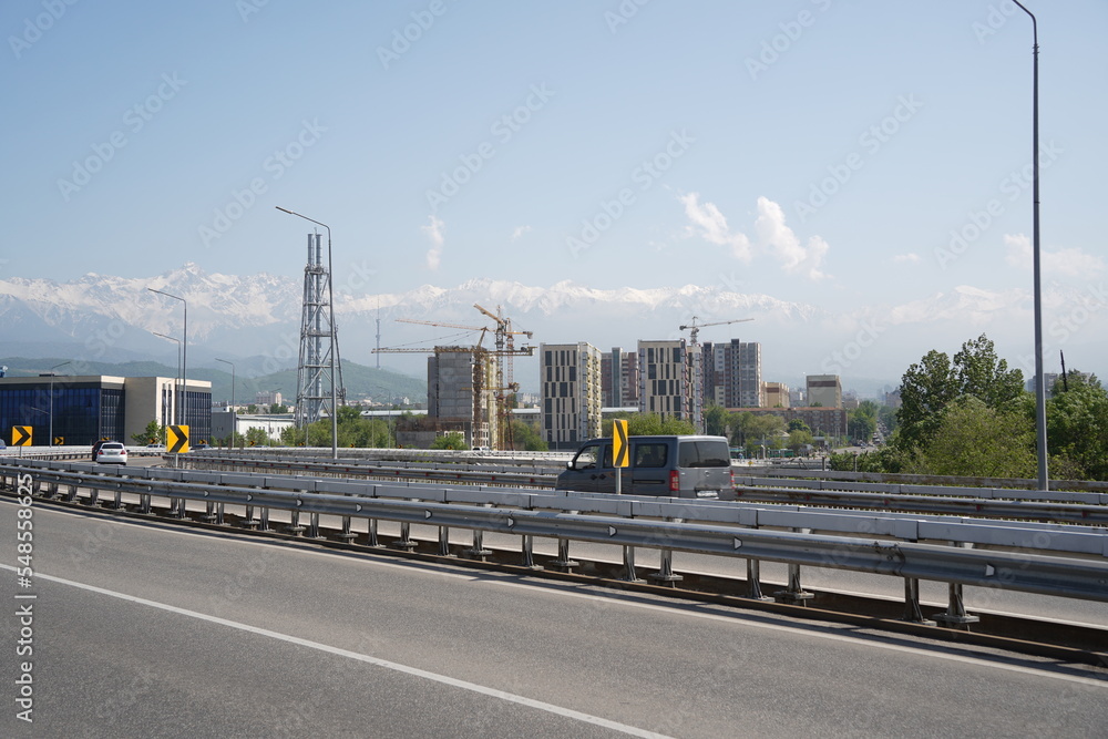 Almaty, Kazakhstan - 04.26.2022 : Metal fencing and reflective signs at ...