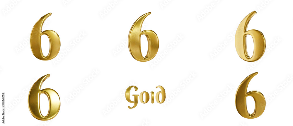 3D alphabet. Golden font with transparent background. Gold. Number 6. 5 ...