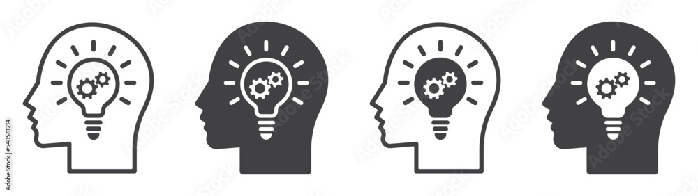 Set of icons head with bulb and gear. Idea head symbol, light bulb and ...
