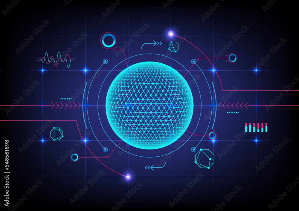 Glowing hi-tech circles have a mesh on their surface. There are many ...