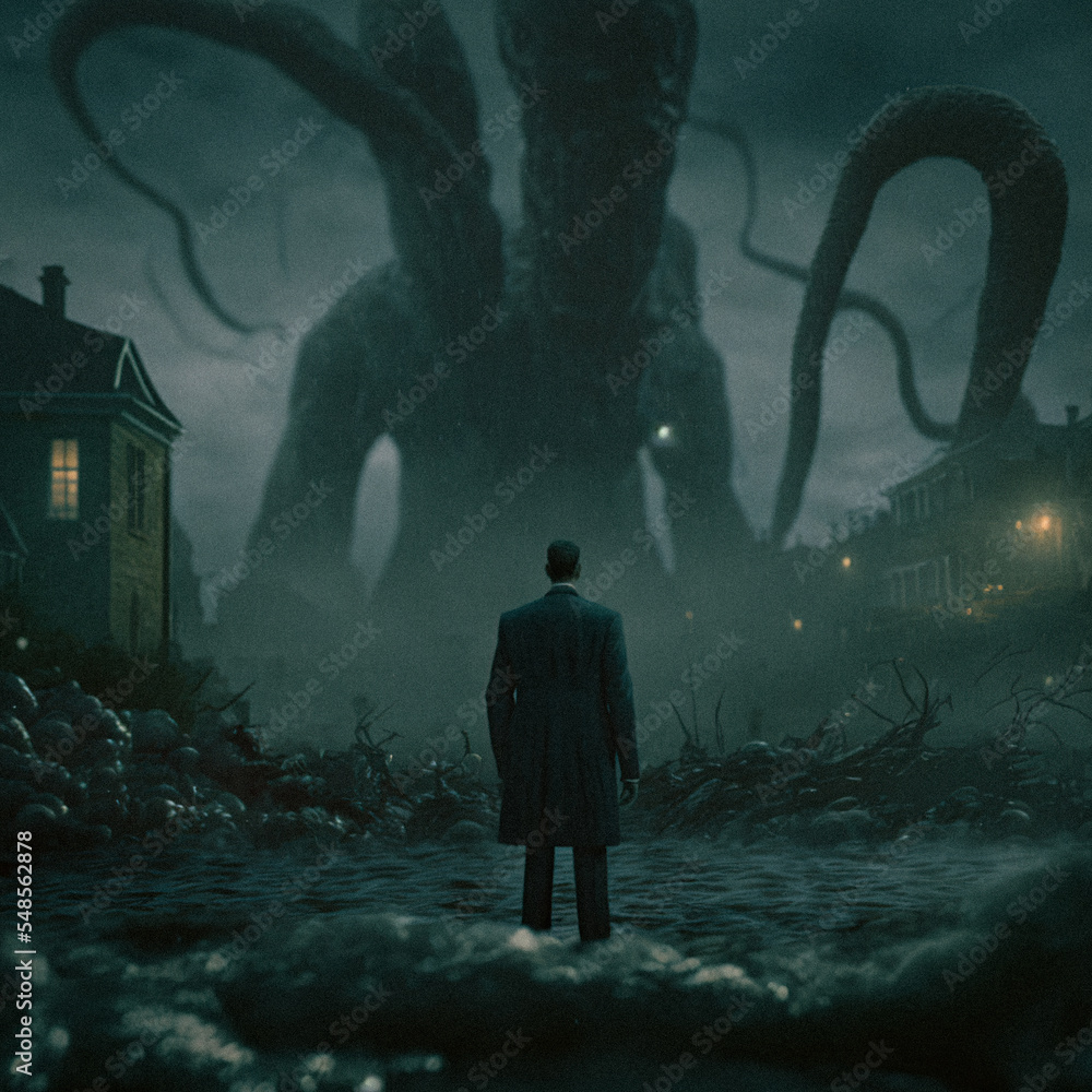 person in the dark in a town destroyed by a mutant Stock Illustration ...