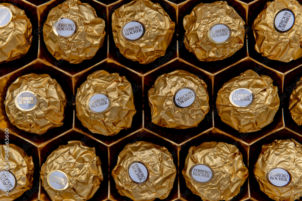 London. UK. 11.20.2022. Close up of Ferrero Rocher chocolate in its ...