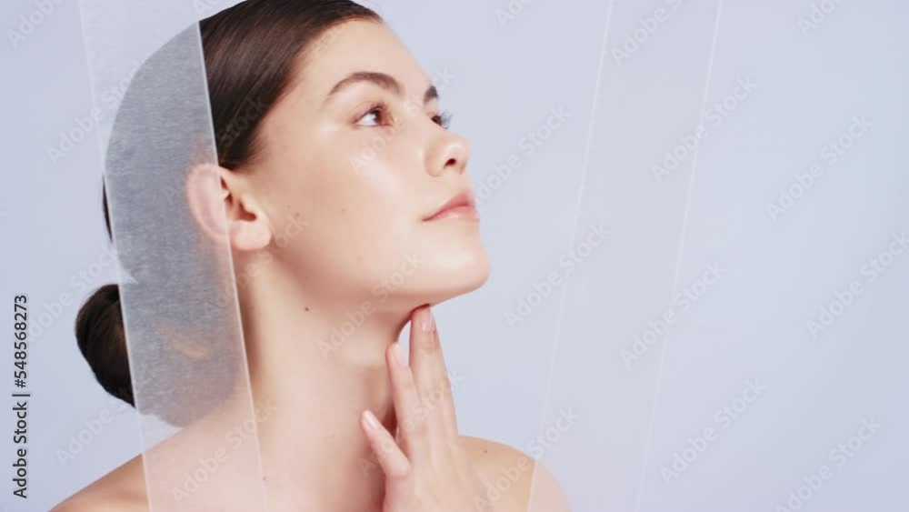 Fabric, beauty and woman in studio for skincare, wellness and grooming ...