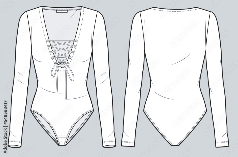 Women's Lace-up Bodysuit technical fashion illustration. Long Sleeve ...