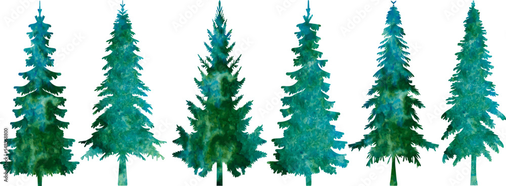 Poster set silhouette watercolor green forest tree design vector ...