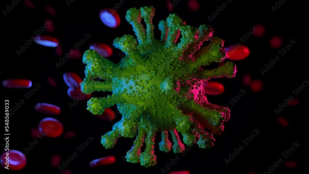 4k rotate animated influenza virus with flying blood cells and black ...