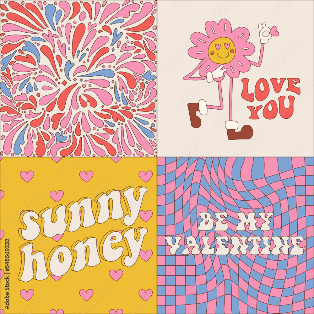 Hippie retro vintage Valentine's day cards collection in groovy 70s-80s ...
