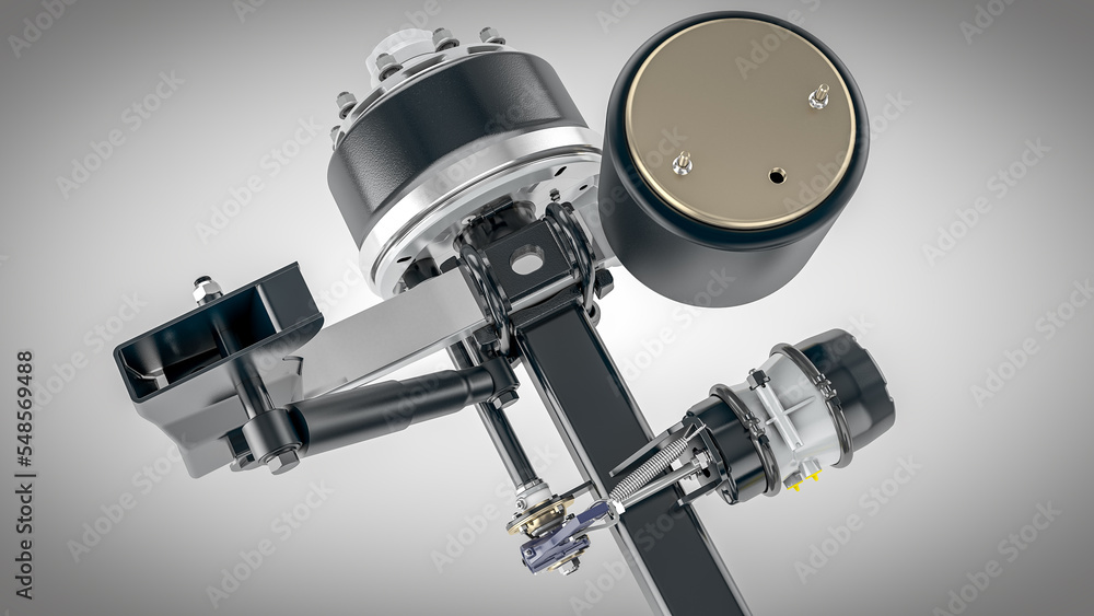 Black axle with air suspension for heavy truck on grey background. 3d ...