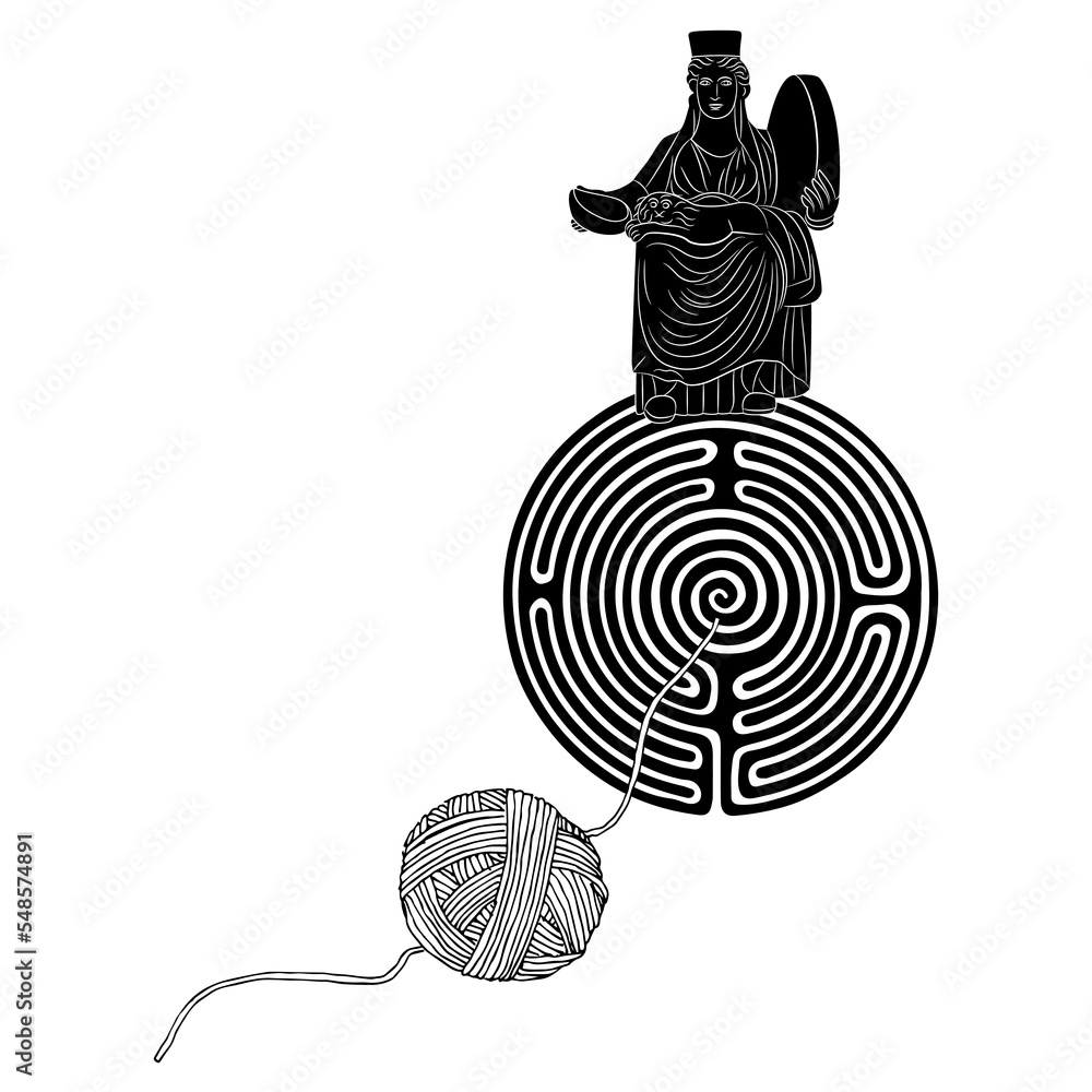 Goddess Cybele sitting on a round spiral maze or labyrinth symbol and a ...