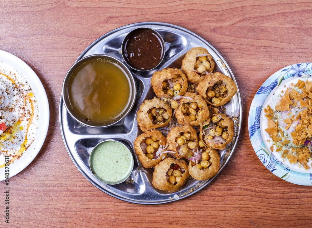 channa papri chat masala, dahi baray and pani puri or gol gappay with ...