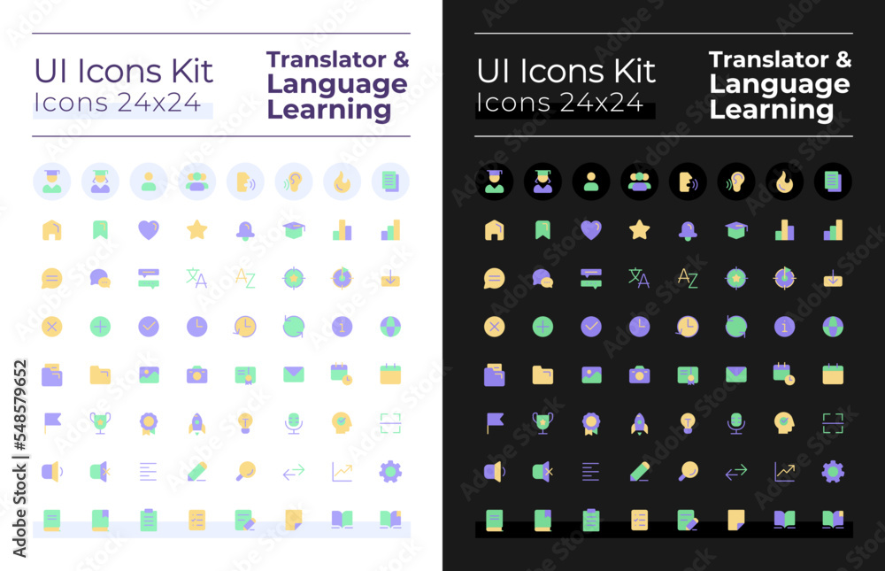 Translator and language learning flat color ui icons set for dark, light mode. Digital program ...