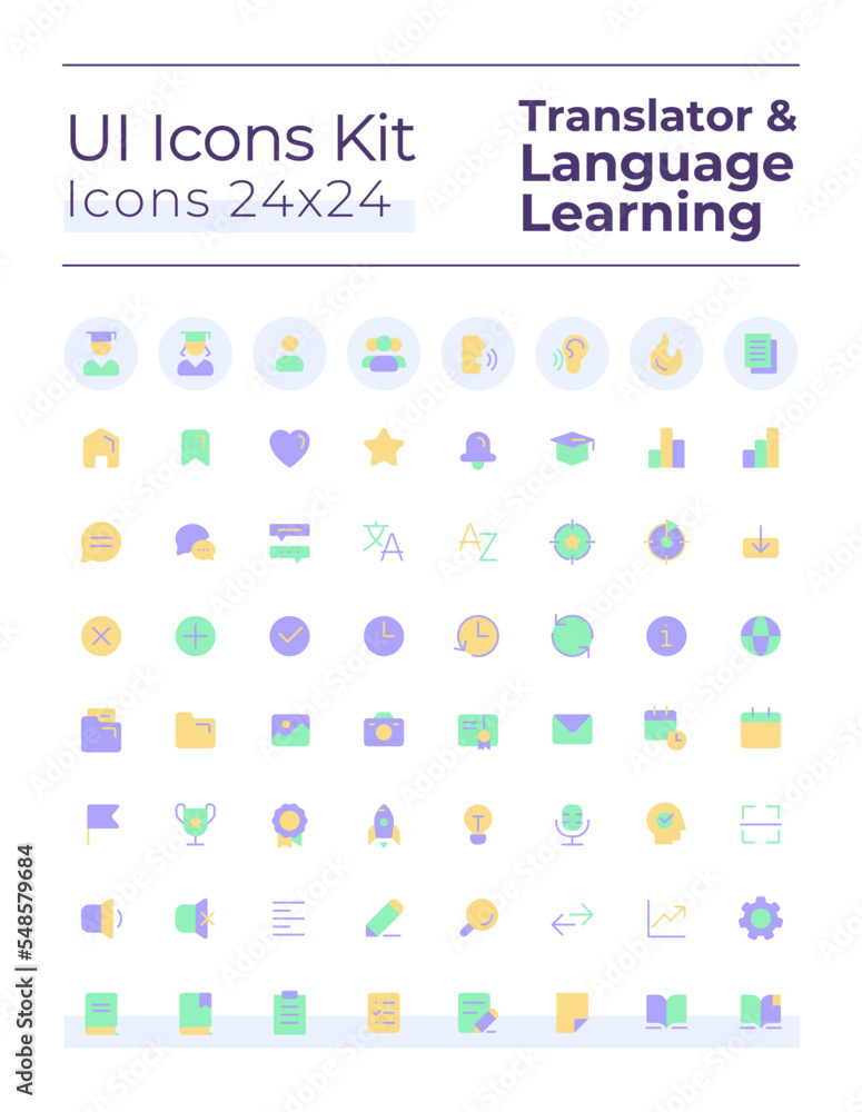 Translator flat color ui icons set. Language learning. Communication ...