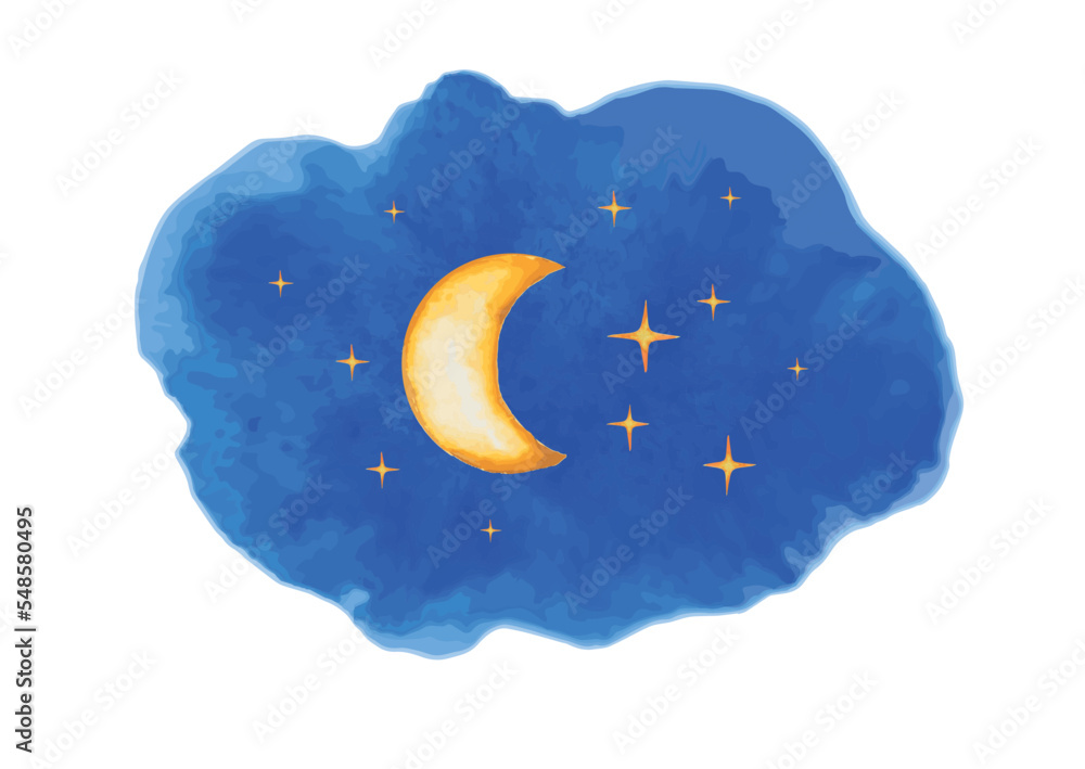 Cute Night Moon Stars Watercolor. Night Sky with Lot of Shiny Stars ...