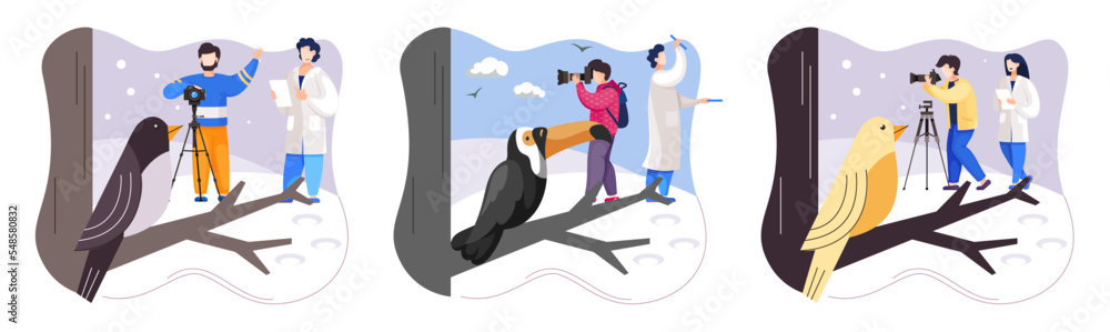 Observation of animals in wild. Ecologists scientists conduct research ...