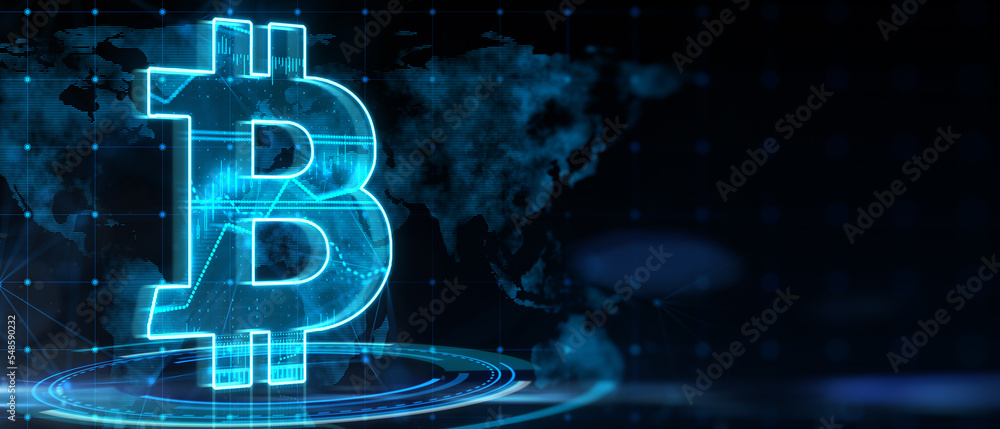 Cryptocurrency and digital money concept with bright blue bitcoin symbol on virtual circle on ...