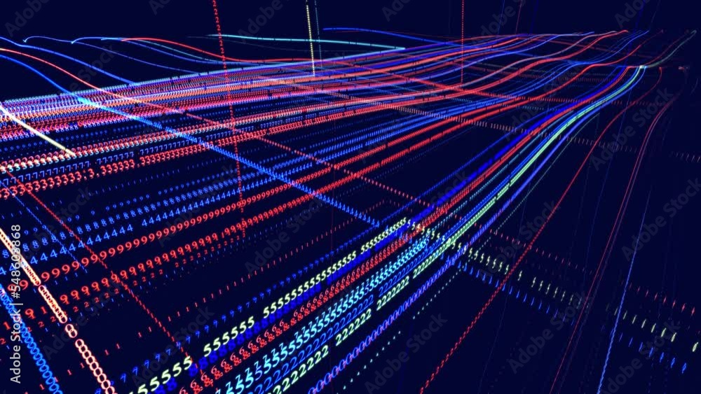 digital waves on surface. Vj loop hologram abstract bg. Symbols form lines, grid. Information ...